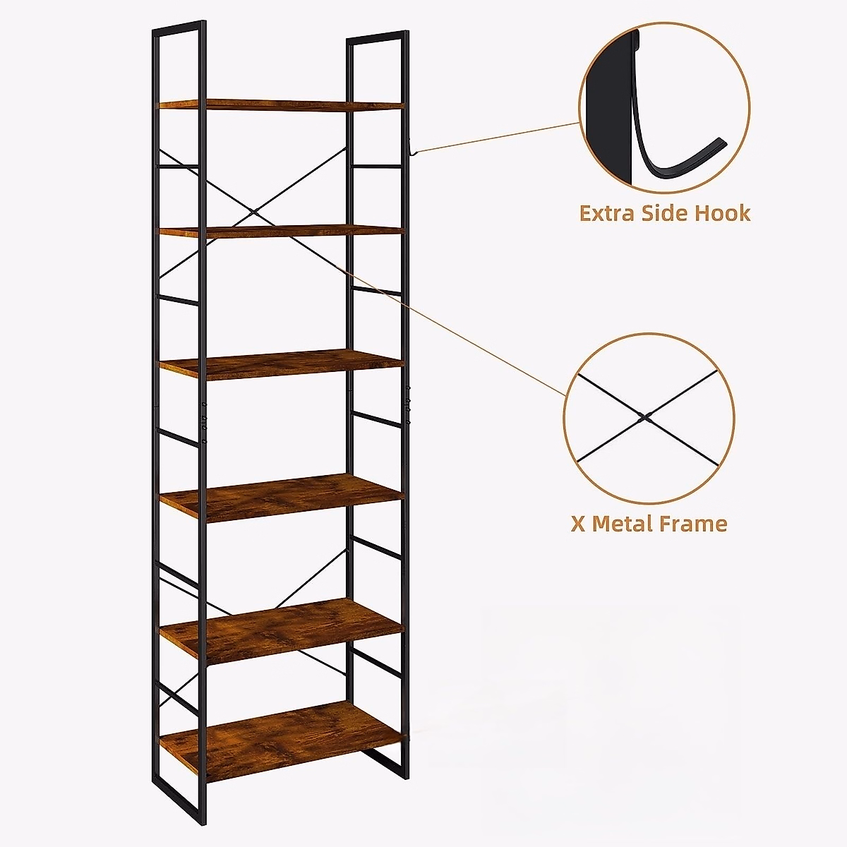 SAILUN 6 Tier Bookshelf, Free Standing Bookcase, Industrial Book Shelf with Metal Frame, Storage Rack Shelves Organizer for Bedroom, Living Room, Home Office，Rustic Brown