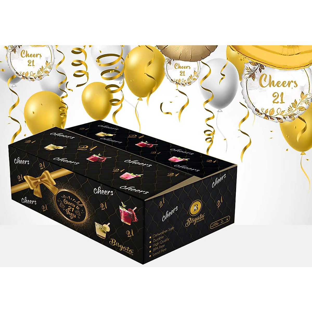 Bisyata 21st Birthday Shot Glass Gift Set for Women and Men - 21 Birthday Party Decorations for Her or Him - Cheers to 21 Years CLEAR Shot Glasses - 2oz Set of 6 - With Gift Box