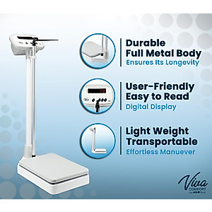 AdirMed Digital Physician Scale with Mechanical Height Rod - Eye-Level Measuring Station for Body Weight, Height & BMI - Ideal for Gyms, Medical Facilities & Rehabilitation Centers