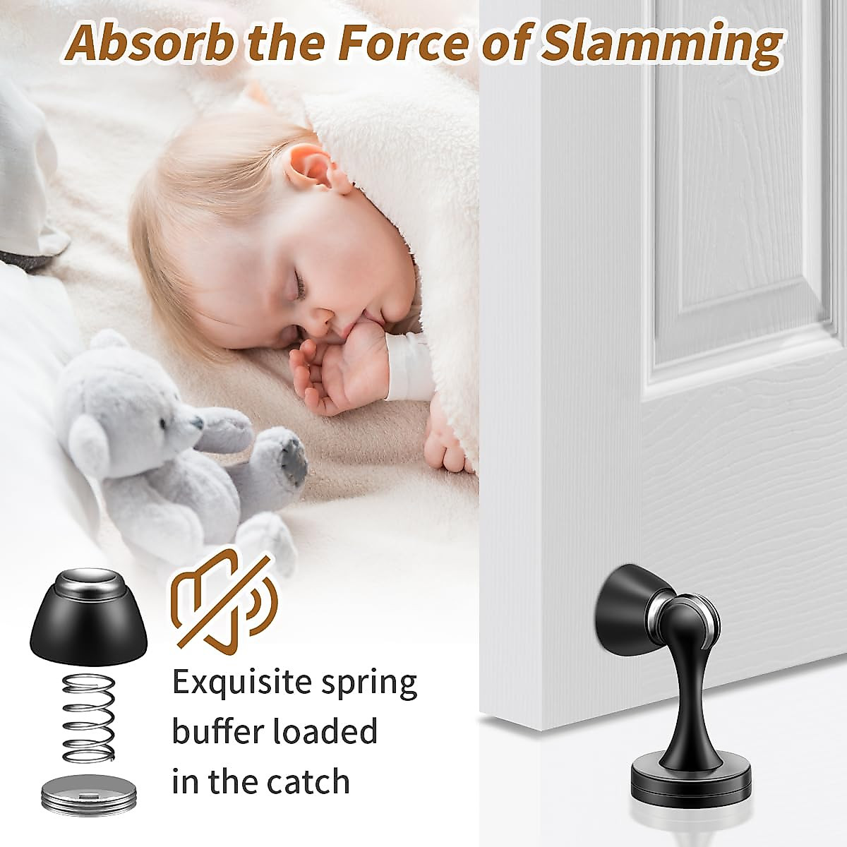 KOLAKO Door Stopper, Magnetic Door Stops, Brushed Satin Nickel, 2 Pack Wall Floor Mounted Black Magnetic Door Catch Door Holder, Stainless Steel Metal Soft-Catch Doorstop Door Stopper