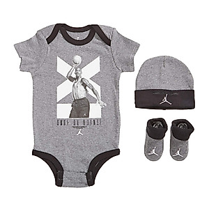 Jordan Baby Boys XI Bodysuit, Hat & Booties 3 Piece Set (Grey(LJ0053-GEH)/White, 0-6 Months)