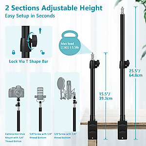 Tinpops Camera Desk Mount Stand, 15.5-21.5" Adjustable Desktop C-Clamp Mounting Stand, Aluminum Tabletop Light Stand with 1/4'' Screw Tip for DSLR Camera, Photography Video Light, Live Streaming