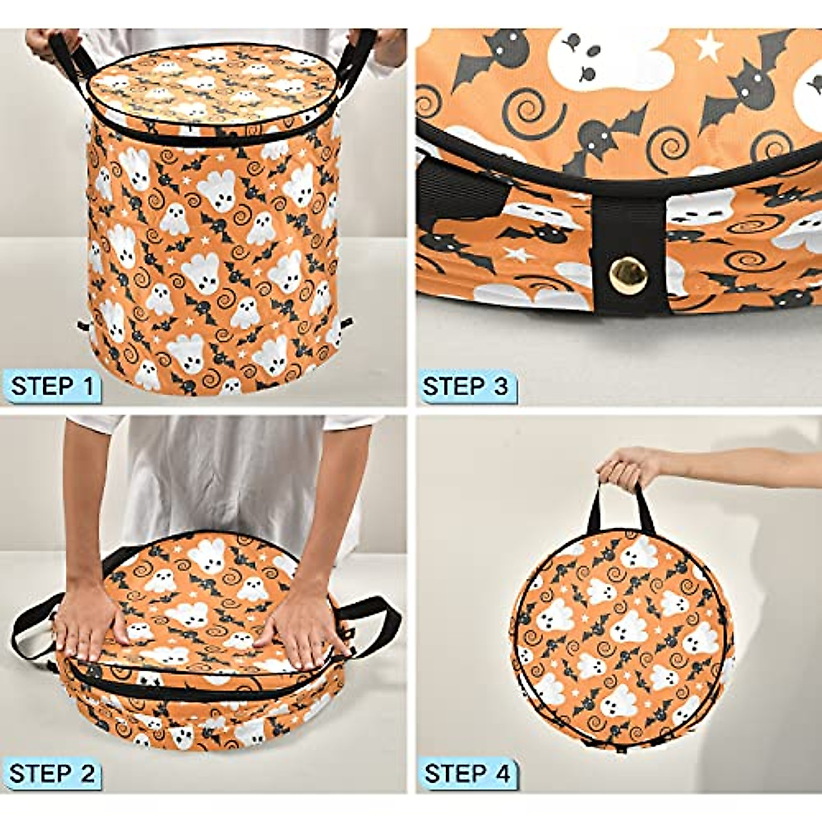 Ghost Happy Halloween Bat Pop Up Laundry Hamper with Lid Foldable Storage Basket Collapsible Laundry Bag for Camping Hotel Dormitory