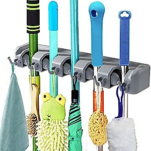 YouOKLight Broom holder wall mount, mop and broom hanger wall mount garden tool organizers storage rack, broom organizer mop holder hanger. For Home Garden Garage And Storage, 5 Slots, 6 Hooks, Grey.