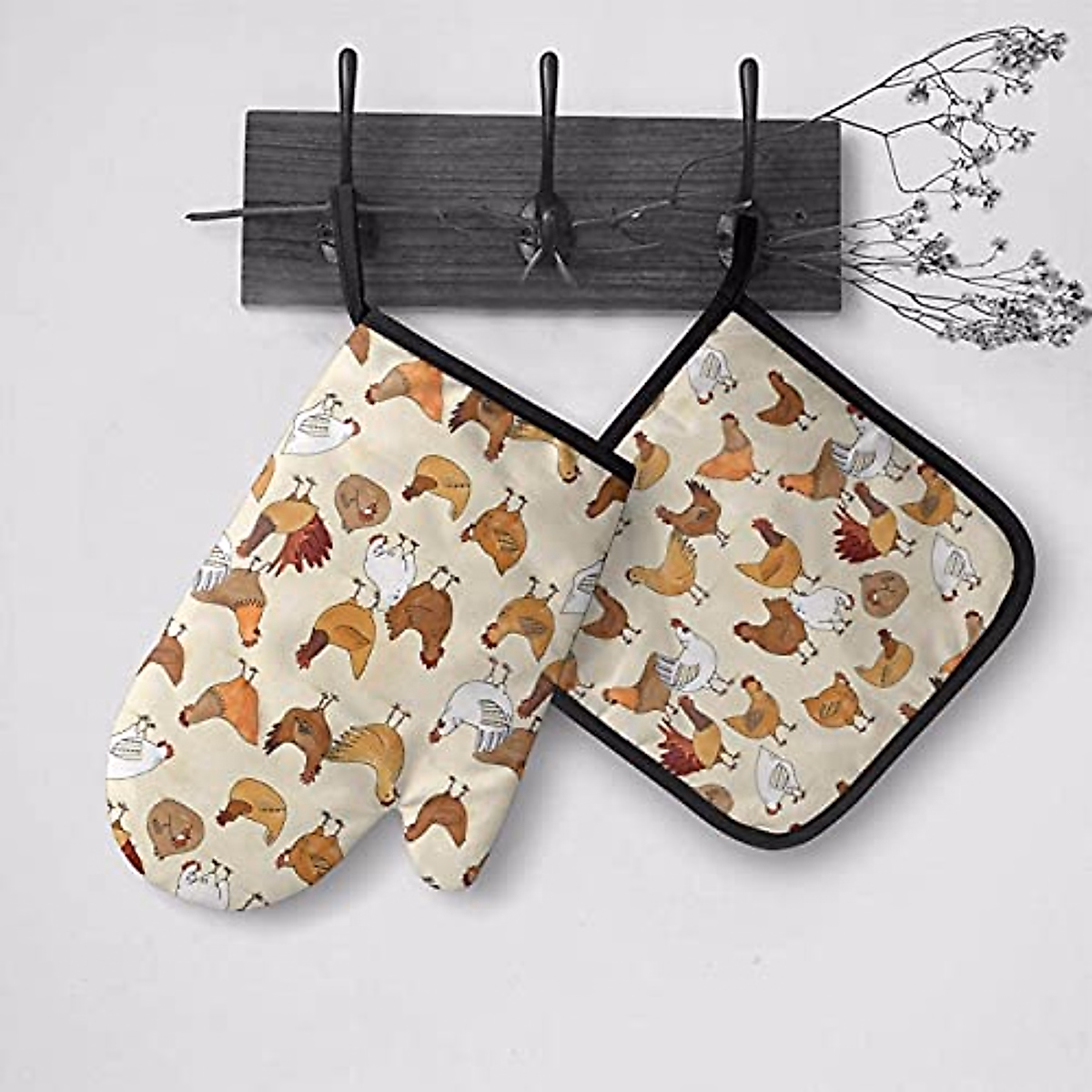 A Brood of Chickens Oven Mitts and Pot Holders Sets,Heat Resistant Non Slip Kitchen Gloves Hot Pads with Inner Cotton Layer for Cooking BBQ Baking Grilling