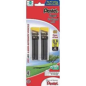 Pentel Super Hi-Polymer Lead Refill , 0.9 mm Thick, HB, 60 Pieces of Lead (C29BPHB2) , Gray