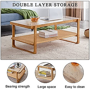 Pvillez Chinese Style Coffee Table, 45.28" Log Style Faux Rattan Rectangular Double-layer Solid Wood Coffee Table with Craft Glass, Mid Century Modern Coffee Table Center Table for Living Room Natural