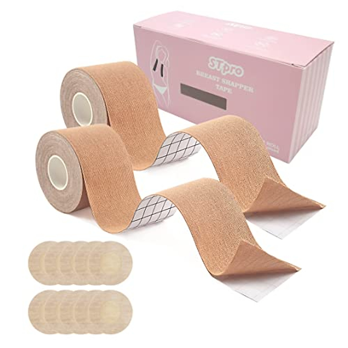 STPRO BoobTape Boobytape for Breast Lift -Achieve Chest Brace Lift-Waterproof Sweat-Proof Bob Tape-2in x16.4ft x2pcs and 5 Pairs Nipple (beige, 2roll)