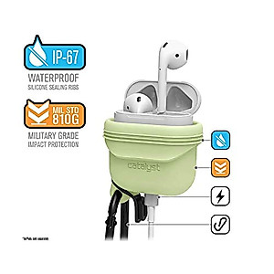 Catalyst Waterproof AirPods 1 & 2 Case with Premium Carabiner, Compatible Wireless Charging, One-Piece Design, Protective Cover Soft Skin, High Drop Protection, Silicone Sealing - Glow in Dark