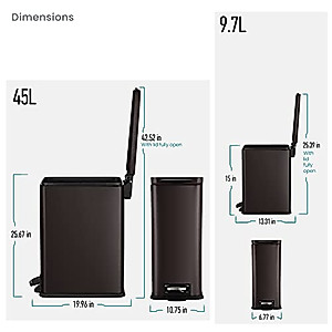 Home Zone Living 12 Gallon and 2.5 Gallon Kitchen Trash Can Combo Value Set, Slim Body Stainless Steel Design, 45 Liter and 9.7 Liter Capacity, Black