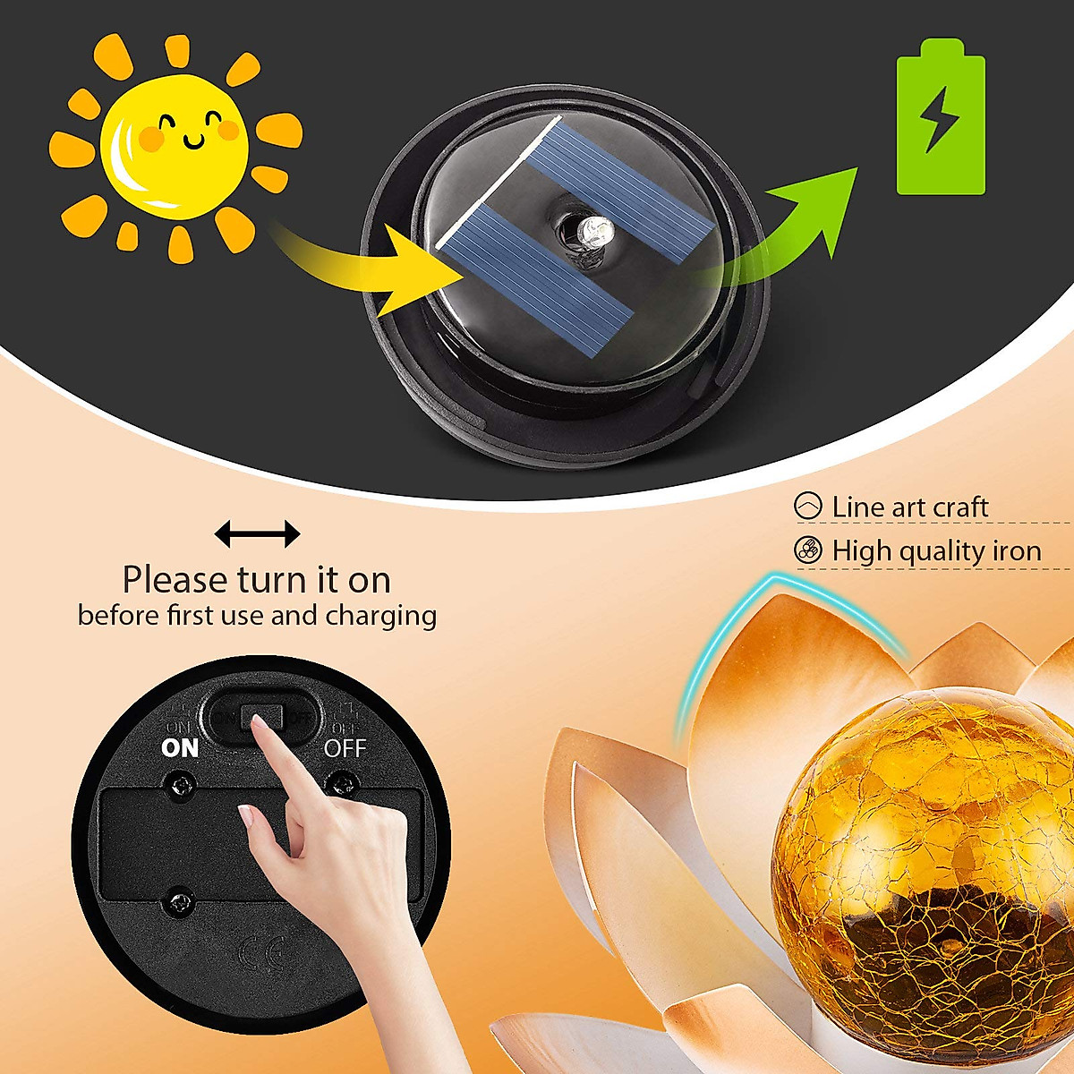 AIINY Garden Solar Lights Outdoor(2Pack) , Amber Crackle Globe Glass Lotus Decoration , Waterproof Orange Metal LED Flower Lights for Patio,Lawn,Walkway,Tabletop,Ground, Garden Gifts for Women