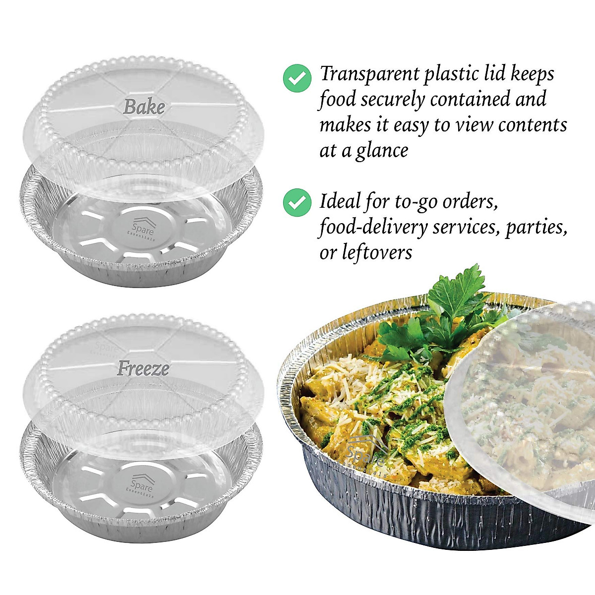 Spare Essentials (55 Pack 7 inch Aluminum Baking Pan, Round Aluminum Pans with Clear Lids, Takeout Containers Freezer & Oven Safe, Food Containers with Lids for Food Transport, Disposable Round Tins
