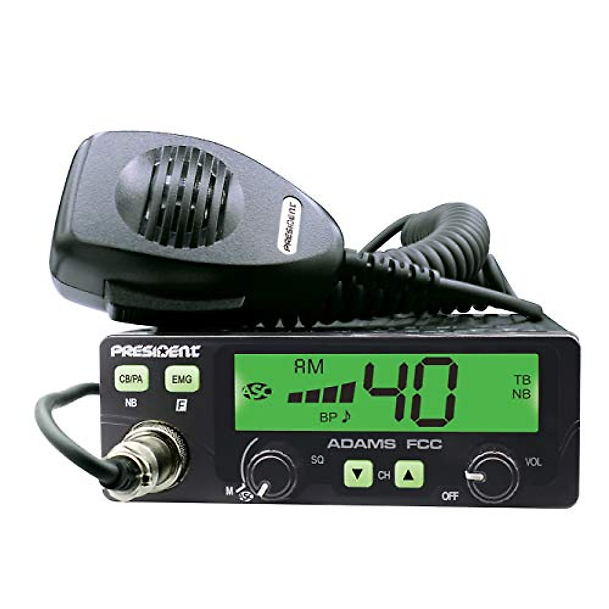 President Adams FCC CB Radio, Large LCD with 7 Colors, Programmable EMG Channel Shortcuts, Roger Beep and Key Beep, Electret or Dynamic Mic, ASC and Manual Squelch, Talkback