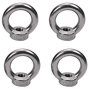 Aicosineg 4Pcs 304 Stainless Steel Eyebolts M12 Female Thread Ring Shoulder Metric EyeNuts Fastener Round Shape Lifting Eye Nut Fastener for Industrial Cables Rope Fitting Marine Silver Tone