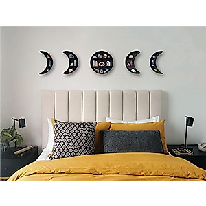 EOKI 5 Pieces 12.2" Moon Phase Shelf Set - Phases of The Moon Wall Decor - Crescent Moon Shelf for Crystals - Moon Phase Wall Decor Crystal Shelf Display - Above Bed Wall Decor Bedroom Storage (Black)