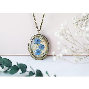 JewelryLand Handmade Oval Shaped Pressed Flower Vintage Photo Locket Resin Long Necklace (Forget Me Not), blue, pink, yellow, purple