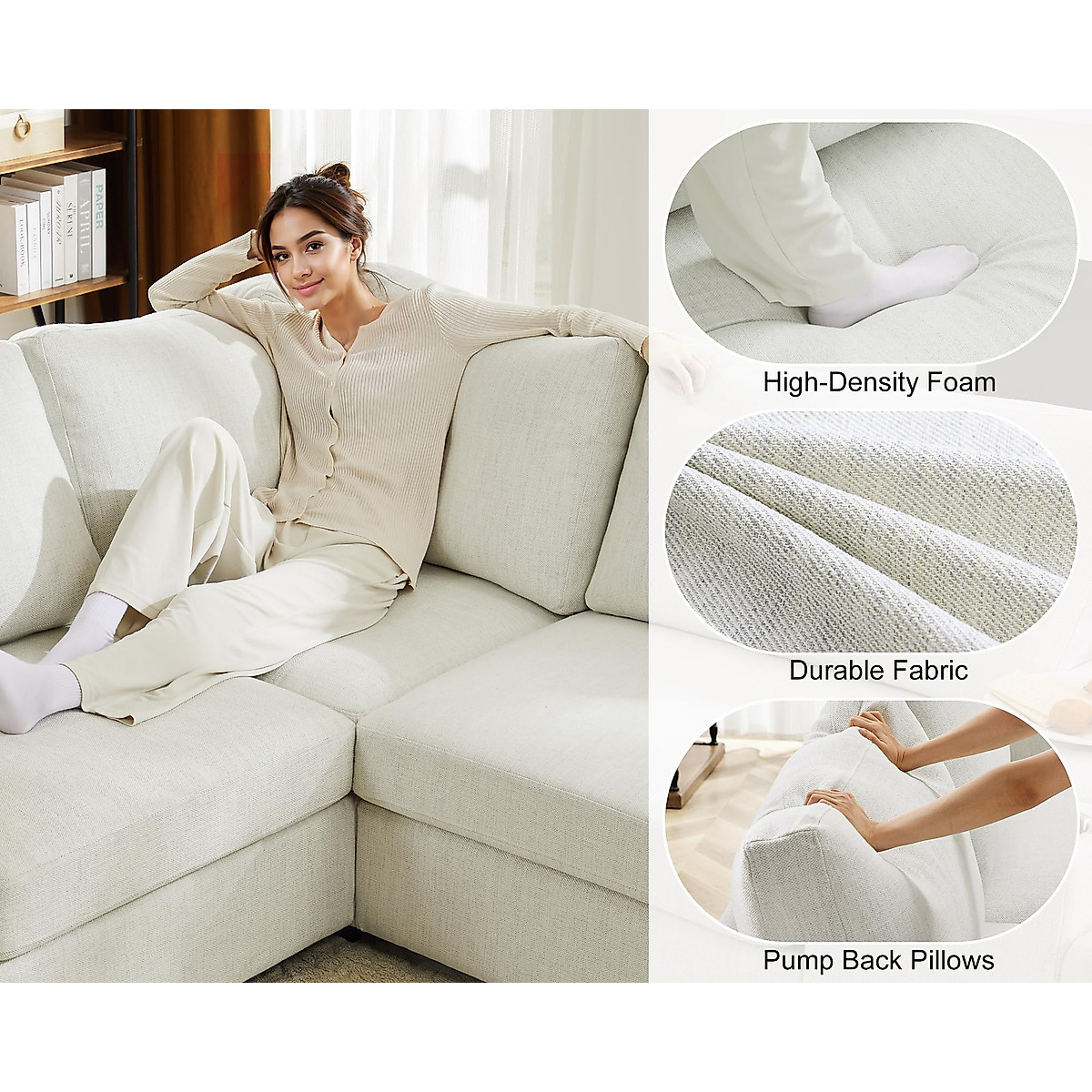 ABCASA 112" Modular Sectional Sofa Couch with Detachable Sofa Cover & Storage Armrest,L Shaped Couch for Living Room,Linen Fabric Corner Couch(5 Seater Sofa,Ivory)