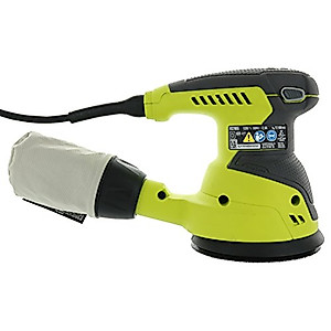 Ryobi RS290G 2.6 Amp 12,500 OPM Single Speed 5 Inch Hook and Loop Corded Random Orbit Sander w/ 3 Pads and Dust Bag