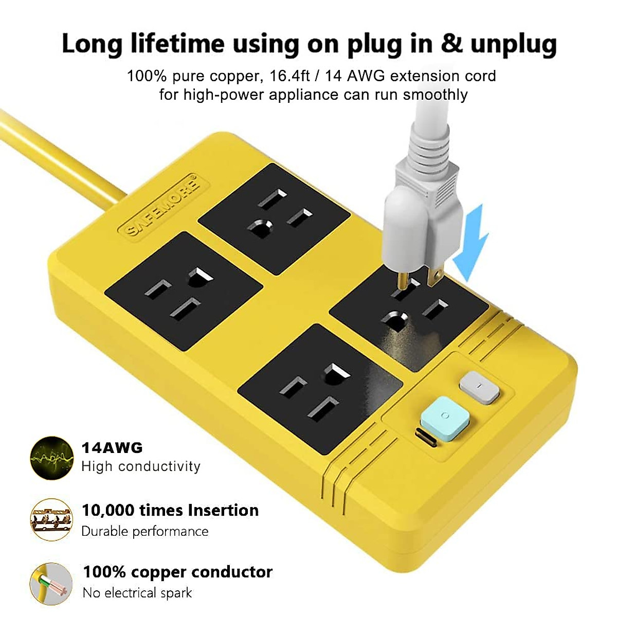 SAFEMORE 16.4FT Heavey Duty Extension Cord, GFCI Outlet Surge Protector with RCD Leakage Protector Power Strip, 15A/1650W 4 AC Outlets Circuit Breaker for Office/Garage/Home Essentials, (Yellow)