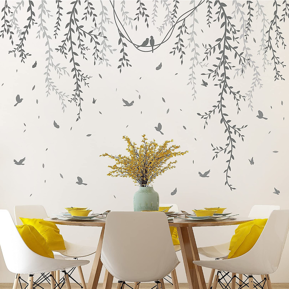 Hanging Willow Branch Wall Stickers DIY Grey Vine Leaf Plant Wall Decals Peel and Stick Grass Birds Butterfly Art Mural Decortions for Kids Baby Girls Nursery Bedroom Living Room Offices Classroom