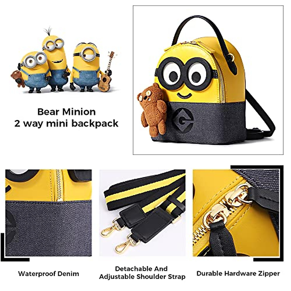 FION x Minions Mini Backpack Cute Leather Backpack Purse Small Handbag Shoulder Bag with Convertible Straps (Bear Minion)