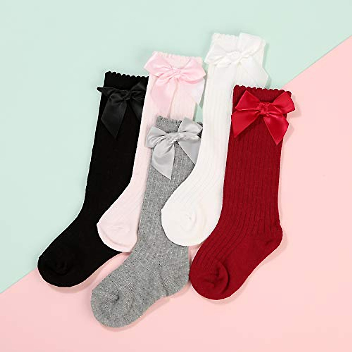 BSMTEBN 5Pairs Baby Kids Cotton Soft Breathable Knee-High Over Calf Socks Girls Striped Bowknot Bow Cute School Socks Infant Newborn Leg Warmers Stockings (M(2-4 Years))