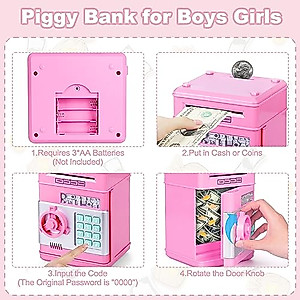 Refasy Piggy Bank for Girls Boys 4-11 Years Old, Christmas Birthday Gifts Toy for Kids Electronic ATM Money Bank for Adults Money Saving Box Safe Coin Bank Toy Pink
