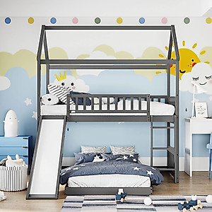 LZ LEISURE ZONE Bunk Bed with Slide, Wood Twin Over Twin Bunk Bed Frame, Twin Size House Bunk Bed, Bedroom Furniture for Kids/Teens/Aldults, No Box Spring Needed, Gray