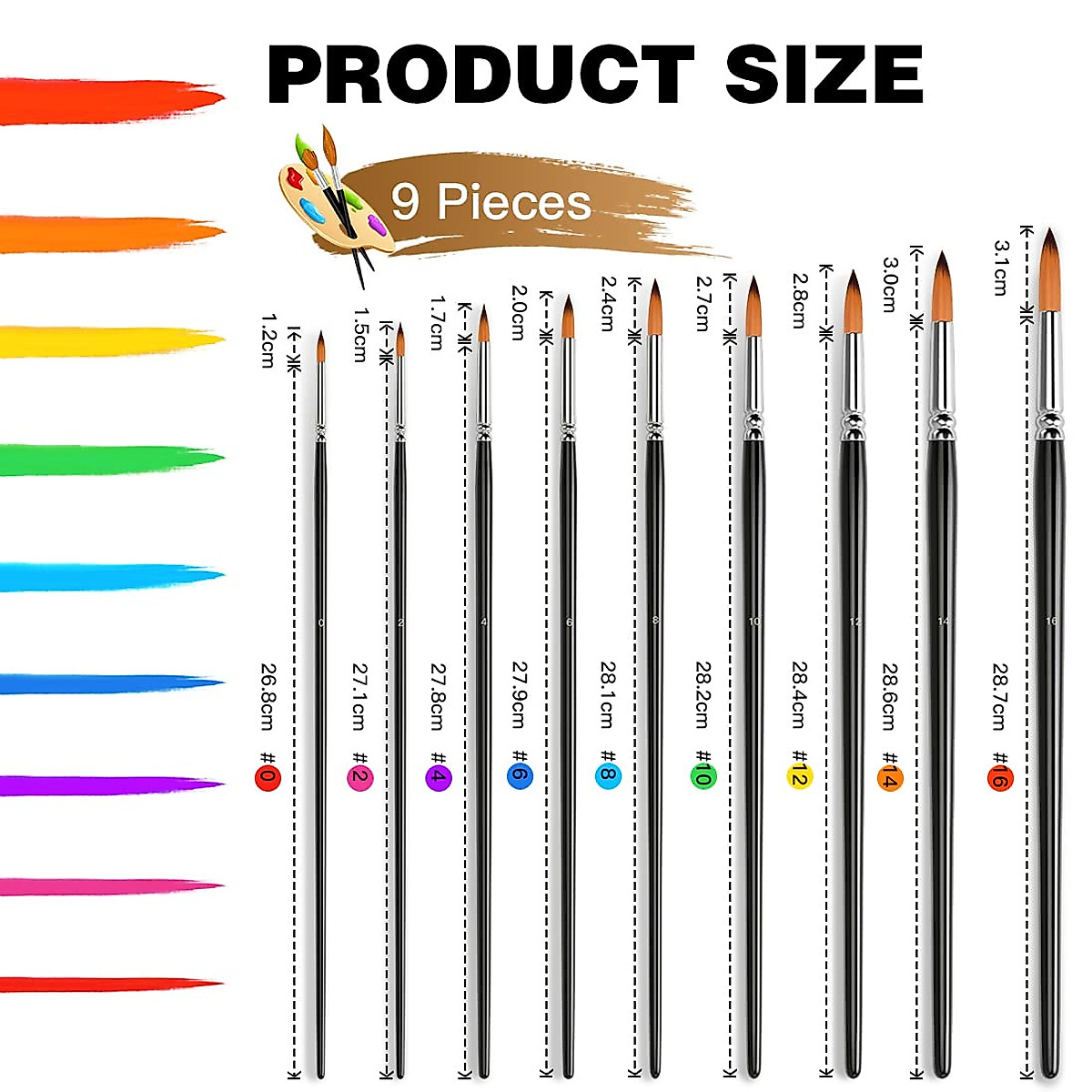 Artist Watercolor Paint Brushes Professional Set, 9pcs Round Point Tip Nylon Hair Long Handle Watercolor Brushes, Detail Paint Brushes for Watercolor, Acrylic, Oil