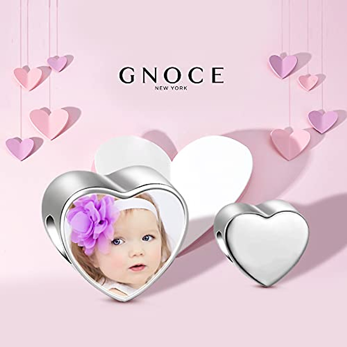 GNOCE Custom Photo Charms for Bracelet 925 Sterling Silver Heart Shaped Personalized Charms Family Memorial for Women