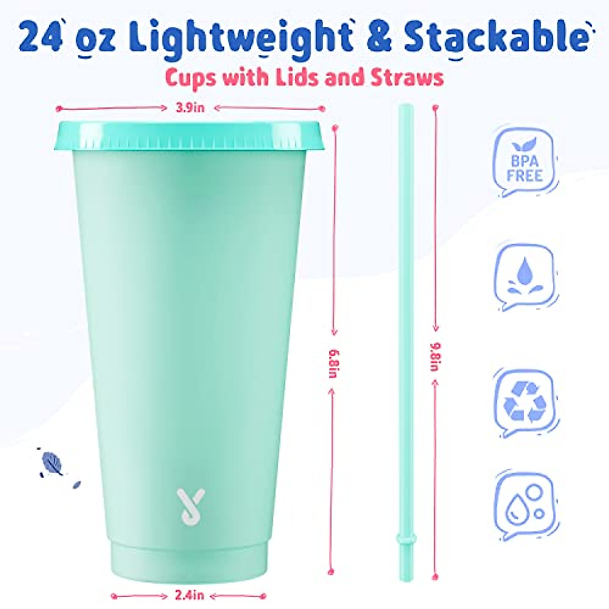 Meoky Plastic Cups with Lids and Straws - 6 Pack 24 oz Color Changing Cups with Lids and Straws Bulk, Reusable Cups with Lids and Straws for Adults Kid Women Party, Cute Cold Cups for Iced Coffee