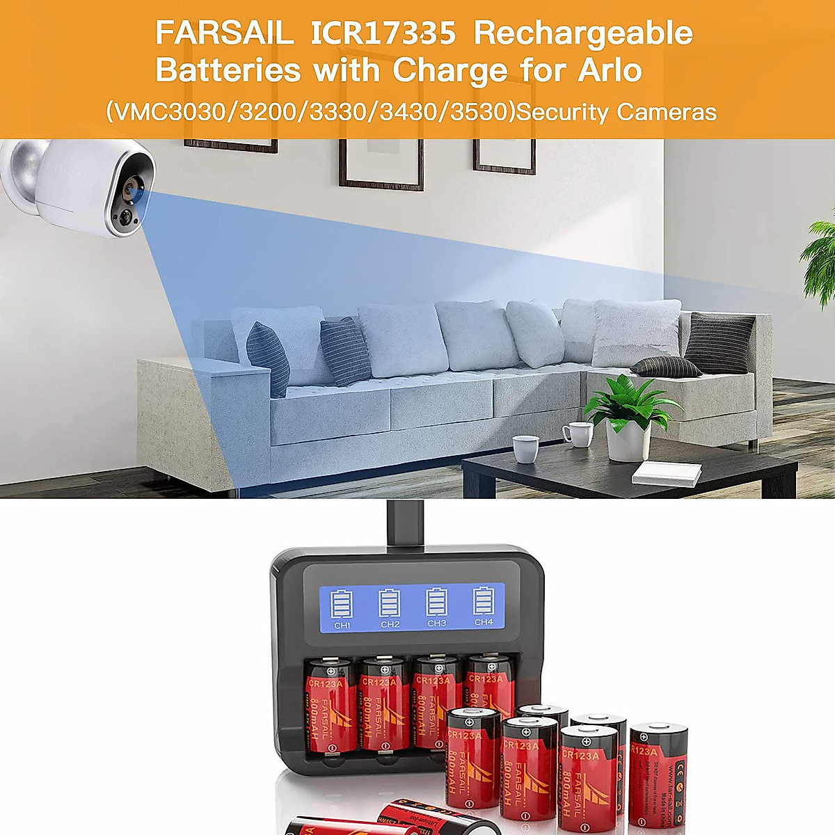 Arlo Rechargeable Batteries CR123A Charger, FARSAIL 8-Pack 800mAH 123A Rechargeable Batteries for Arlo VMS3130 VMC3030 VMK3200 VMS3330 3430 3530 Cameras, Alarm System, Flasglight