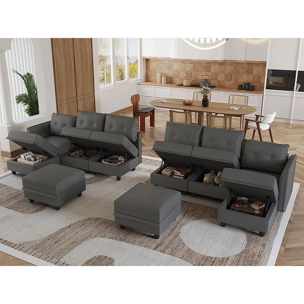 LLappuil Modular Sectional Sofa, Oversized Sectional Couch with Reversible Chaise, Modular Sectionals for Living Room, Faux Leather Fabric Waterproof Sofa, 10 Seat Couch with Storage, Dark Grey