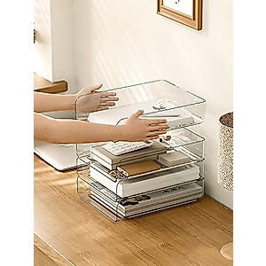 (4pcs Pack) HKeeper Stackable Paper Trays,Letter Tray Organizer,Office Desktop Organizer,A4 Paper Holder,Supplies Magazine,File Documents,Receipts（White）