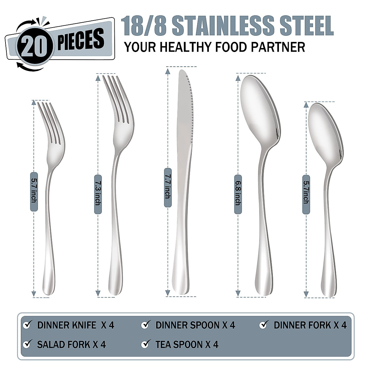 Ansukow 20 Piece Silverware Set for 4, 18/8 Stainless Steel Flatware Cutlery Set for Home Kitchen, Knives Forks Spoons Set, Mirror Polished, Dishwasher Safe
