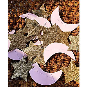 Moon and Stars Garland 2PCS Glitter Gold Twinkle Stars Pink Crescent Paper Garlands Hanging Decorations Girl Birthday Party Decorations Girl Baby Shower Decorations Pink Gold Nursery Room Decorations