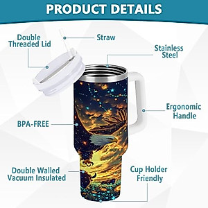 Slewiaeky Tumbler with Handle 40 oz Animal Hawk Beautiful America Travel Mug with Lid and Straw Stainless Steel Vacuum Insulated Water Bottle Cup for Iced Tea Coffee Cold Beverages Cup Holder Friendl