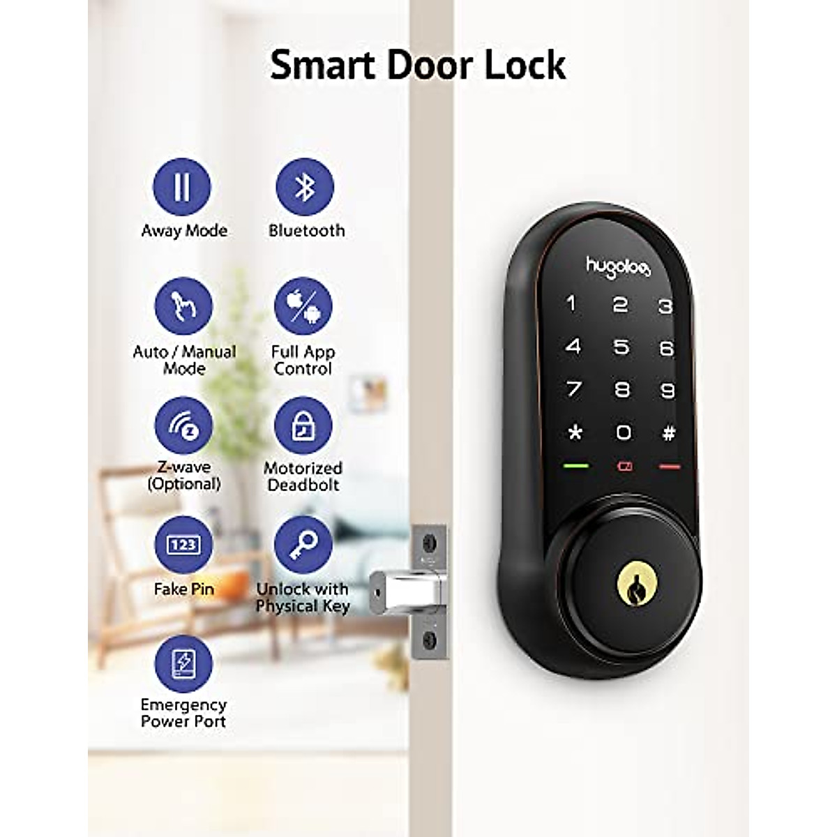 Hugolog Smart Lock,Keyless Entry Door Lock,Keypad Smart Door Lock,Smart Deadbolt Lock,Electronic Door Lock with Keyless Deadbolt,Bluetooth Digital Door Lock for Home,Airbnb,Garage