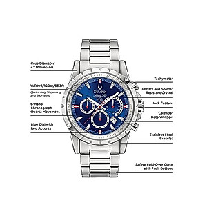 Bulova Men’s Marine Star 6-Hand Quartz Chronograph Stainless Steel Watch, Blue Dial, Tachymeter, 100M Water Resistant (Model: 96B174)