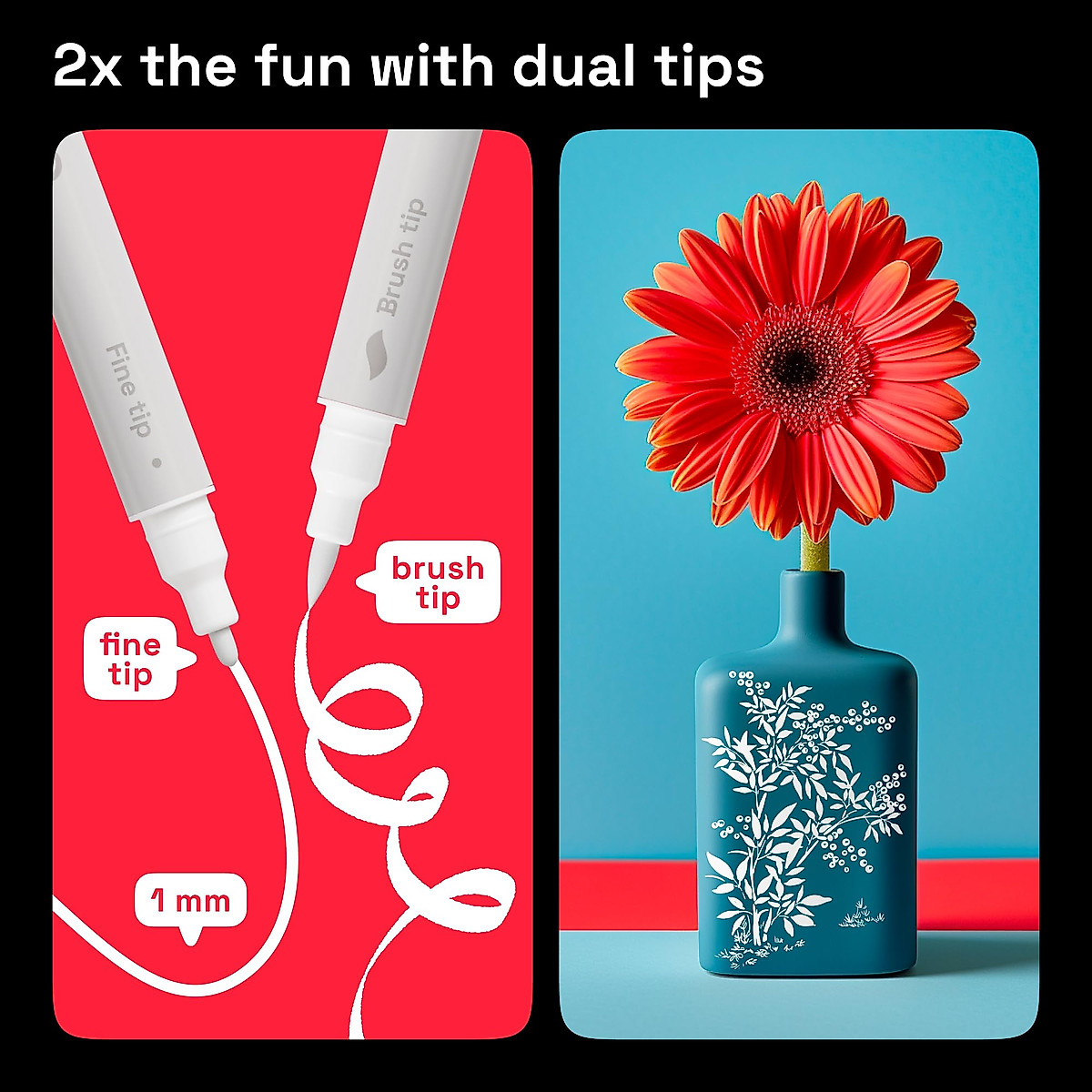 ARTISTRO 2 White Acrylic Paint Pens, Acrylic Paint Markers Dual Tip (Brush + Fine 1 mm), Acrylic Markers for Fabric, Canvas, Rock, Glass, Wood, Paper, DYI, Paint Markers for Kids and Adults