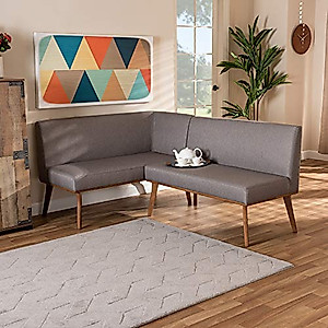 Baxton Studio Odessa Corner Sofa Bench Grey Fabric Upholstered and Walnut Brown Finished Wood 2-Piece Dining Corner Sofa Bench
