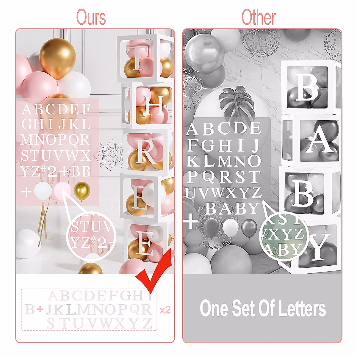 Baby Boxes with Letters for Baby Shower, 6pcs Transparent Boxes with 2 Set of A-Z+B Letter and 45pcs Balloons for Girl Baby Shower Decoration, Birthday Party Block, Bridal Shower Decor Backdrop