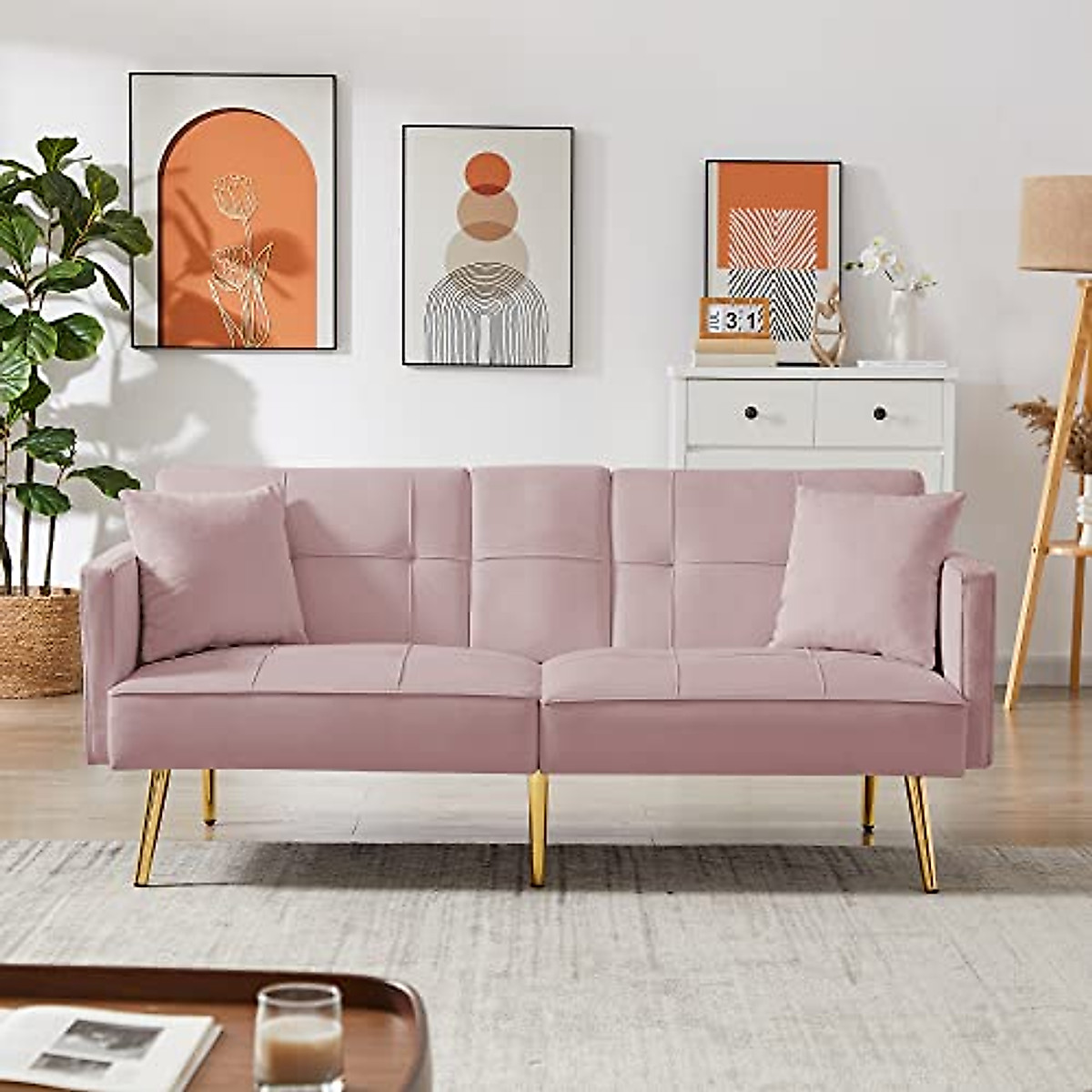 Eafurn 2 in 1 Futon Sofa Bed, 69.2", Pink 69.2" Velvet w/ 2 Cupholders
