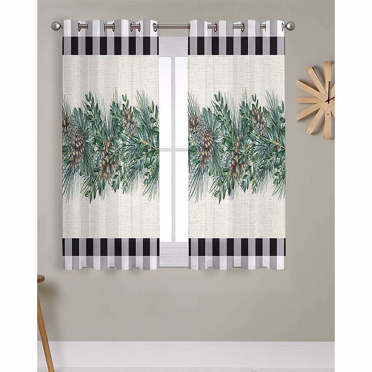 Christmas Sheer Curtains 39 Inches Long, Pine Branch Pine Cone on Buffalo Plaid Window Curtain Drapes Light Filtering Voile Curtains for Bedroom/Living Room/Kitchen (W27.5 x L39 Inch, 2 Panels)