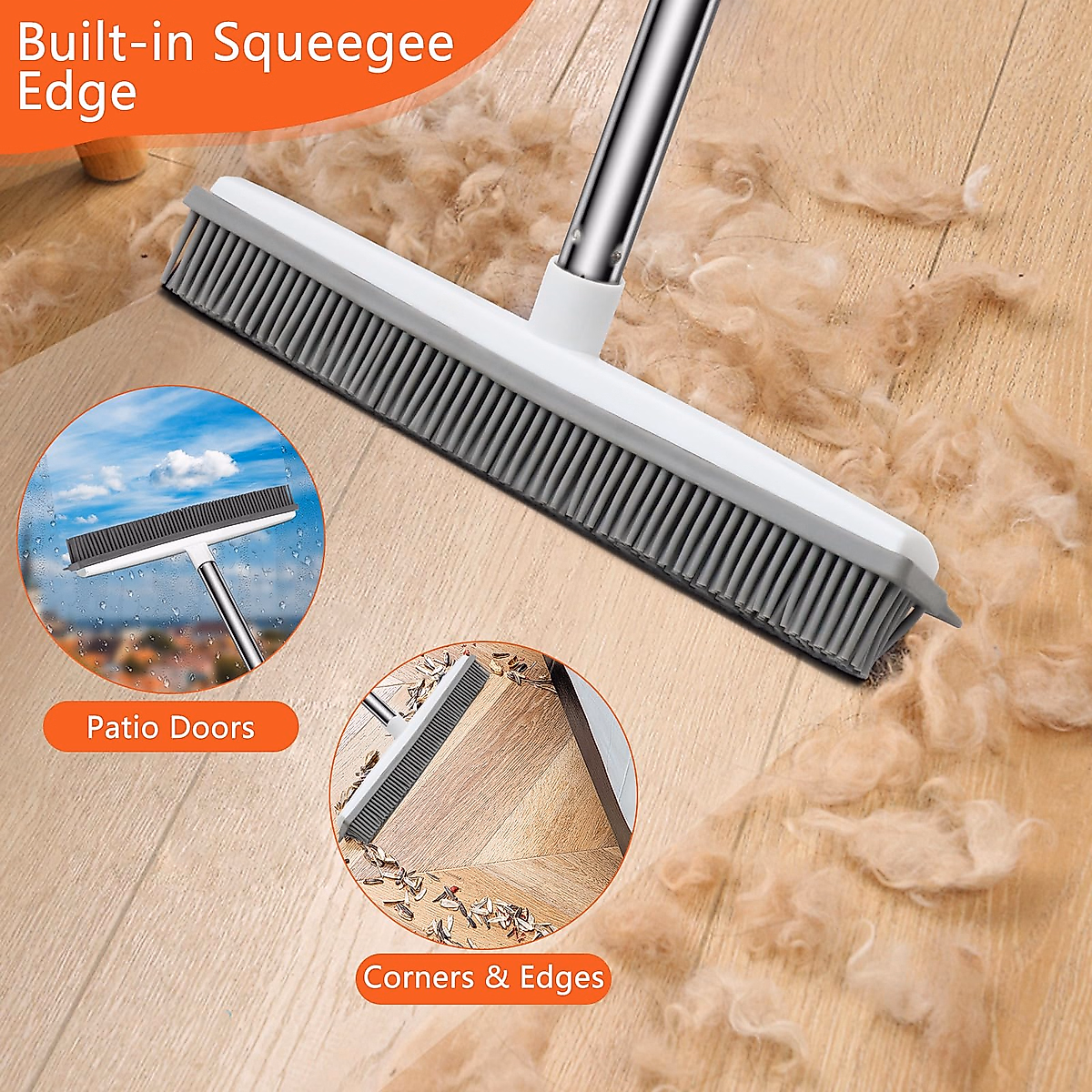 Loonpon Rubber Broom for Pet Hair Remover,63 inch Pet Hair Removal Broom with Squeegee,Rubber Fur Remover Brush for Fluff Carpet Hardwood Floor Tile Window