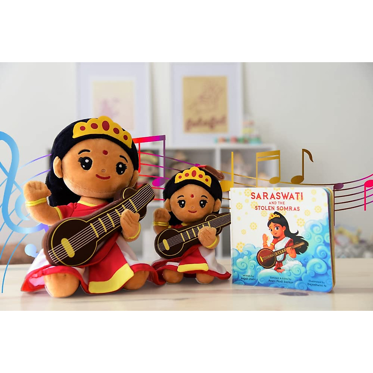 MODI TOYS Saraswati Devi Collection - Mantra Singing Plush Toys and Book | Ideal for Newborns, Infants, Toddlers, Grandparents | Best for Diwali, Baby Shower, Birthday, Housewarming