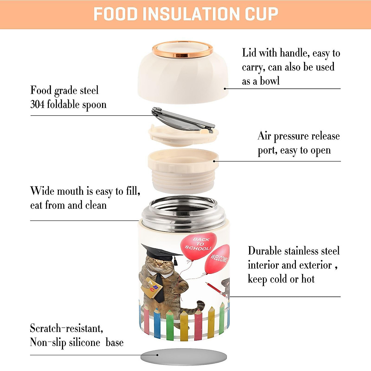 CUPADA Beige Pets Funny Food Jar, Back To Insulated Hot Food Jars Vacuum 17OZ with Folding Spoon for Work Trip Picnic Camping