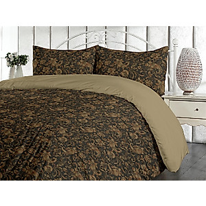 Ambesonne Paisley Themed Duvet Cover Set, Boho Damask Inspired Grunge Flowers Vintage Pattern Print, Reversible 3 Piece Bedding Set with 2 Pillow Shams, King, Charcoal Grey and Dark Khaki