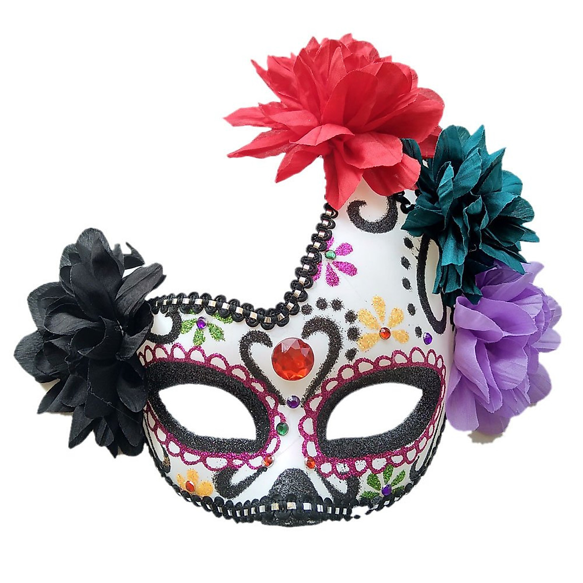 Coolwife Women's Masquerade Mask Mexican Day of The Dead Sugar Skull Eyemask Masque Fancy Dress (Purple/White/Black)