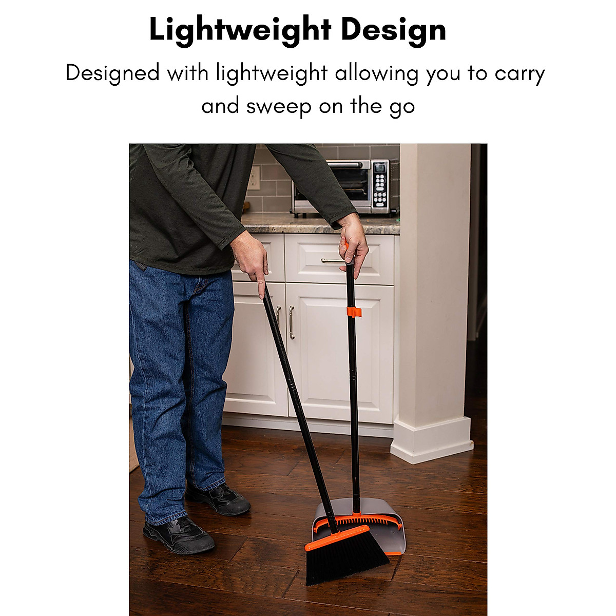 BirdRock Home Broom and Dustpan Set - Lobby Dust Pan - Orange and Grey Durable Set - Indoor or Outdoor - Sweep Combo Great for Kitchen, Home, Garage and Office - Clip On Self Cleaning Bristles